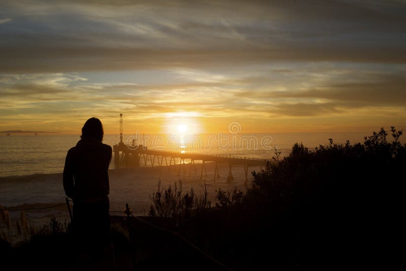 Silhouette Person Looking Out To Pier Sunset Stock Image - Image of ...