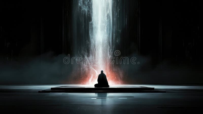 Silhouette of Person Meditating in Enigmatic Light Beam Stock Photo ...