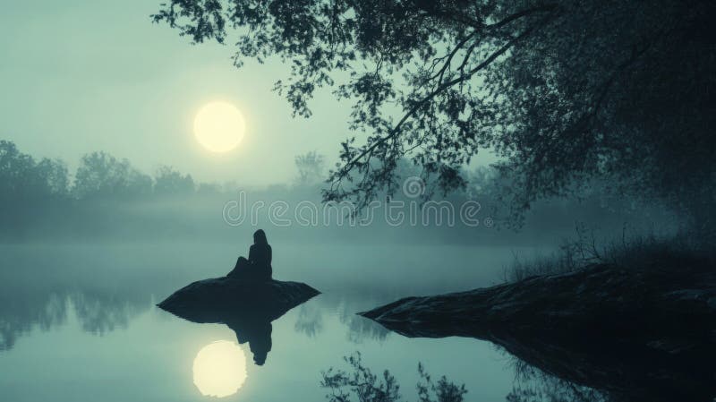Silhouette of a Person Meditating by a Misty Lake Under the Moonlight ...