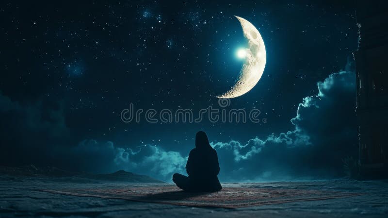 Silhouette of Person Meditating Under Crescent Moon and Starry Night ...