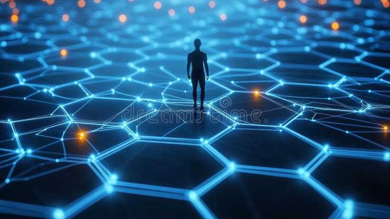 Silhouette of Person on Neon Blue Hexagon Pattern with Connecting Lines ...