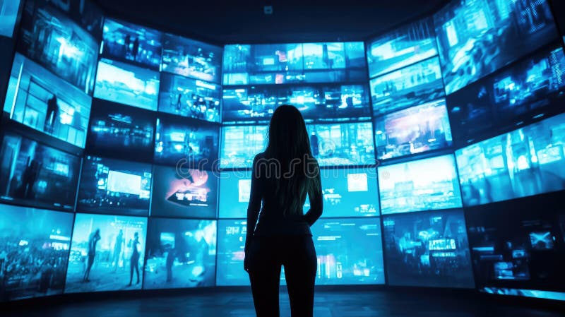 Silhouette of a Person Observing Multiple Digital Screens in a Modern ...