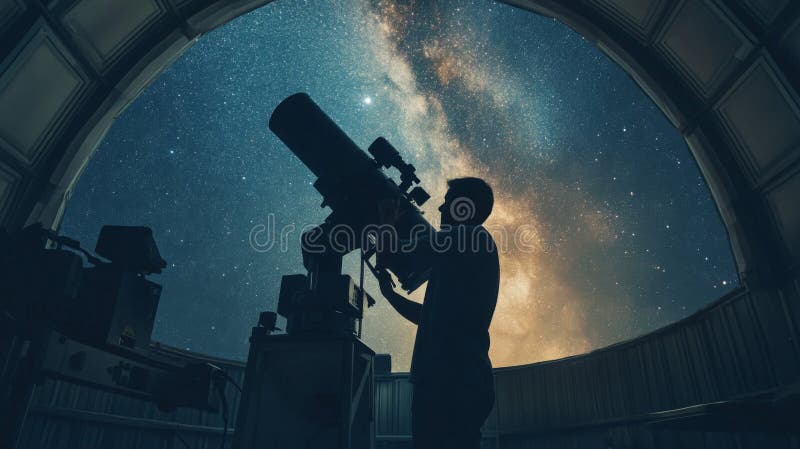 Silhouette of Person Observing Night Sky through Telescope in Dome ...
