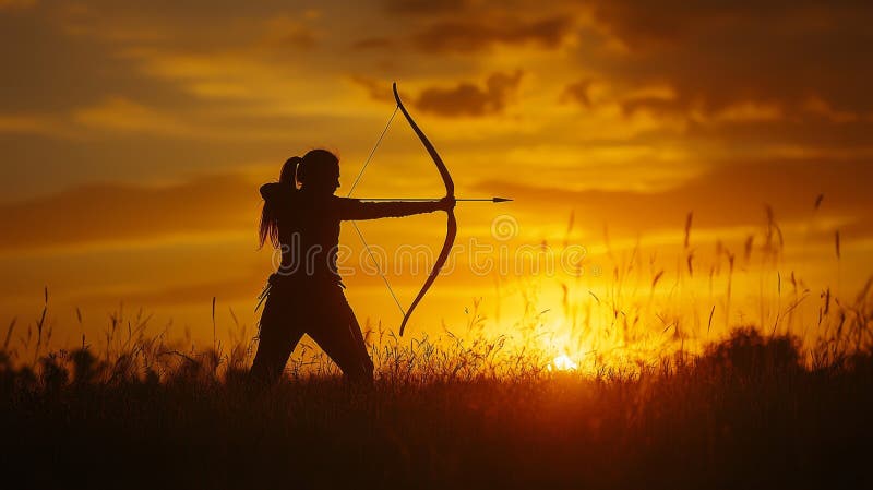 Silhouette of Person Practicing Archery at Sunset Stock Illustration ...