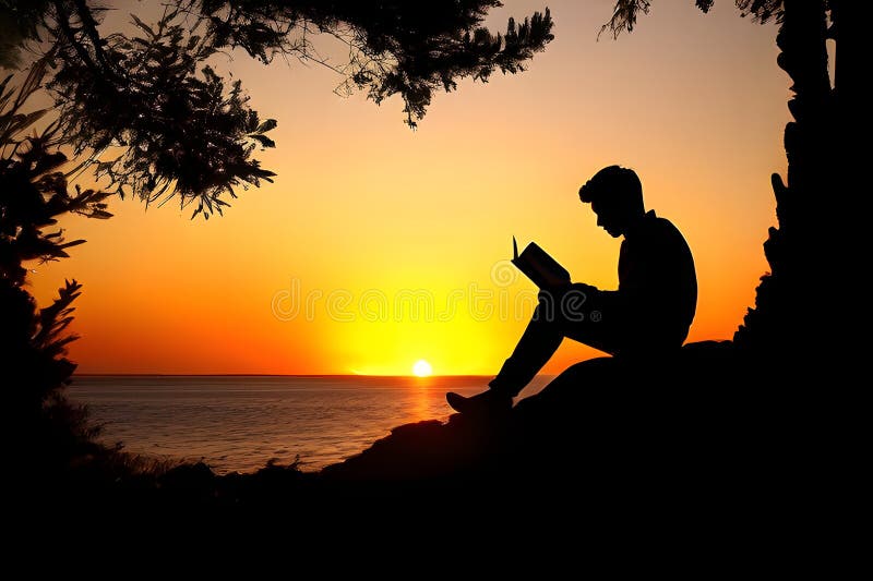 Silhouette of a Person Reading a Outdoors Under Tree at Sunset ...