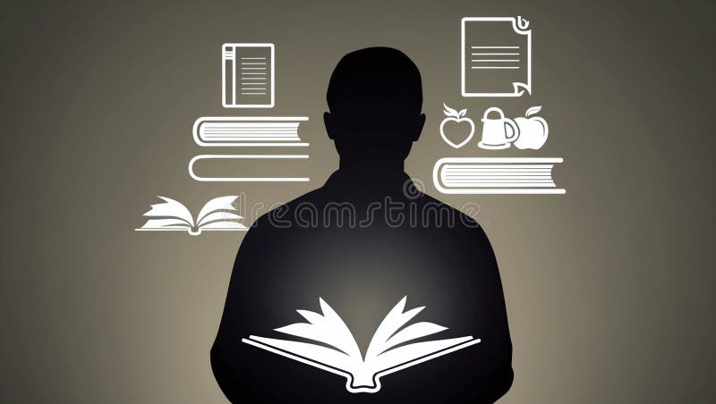 Silhouette of a Person Reading with Books and Knowledge Icons Layered ...