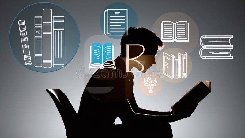 Silhouette of a Person Reading with Books and Knowledge Icons Layered ...