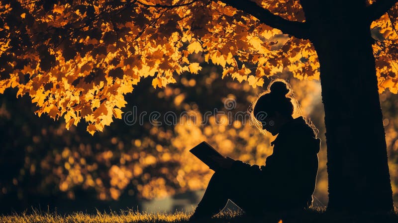 A Silhouette of a Person Reading Under a Tree Stock Image - Image of ...
