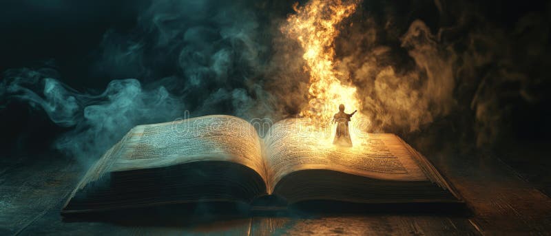 "SILHOUETTE RISING from OPEN BOOK SURROUNDED by FLAMES and SMOKE" Stock ...