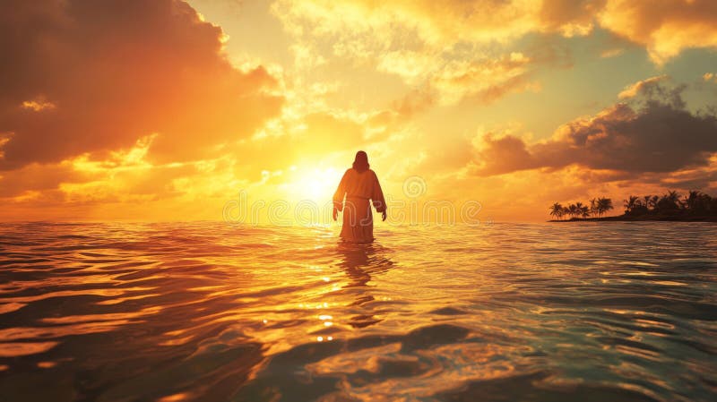 Silhouette of Person in Robe Walking on Water at Sunset Stock ...
