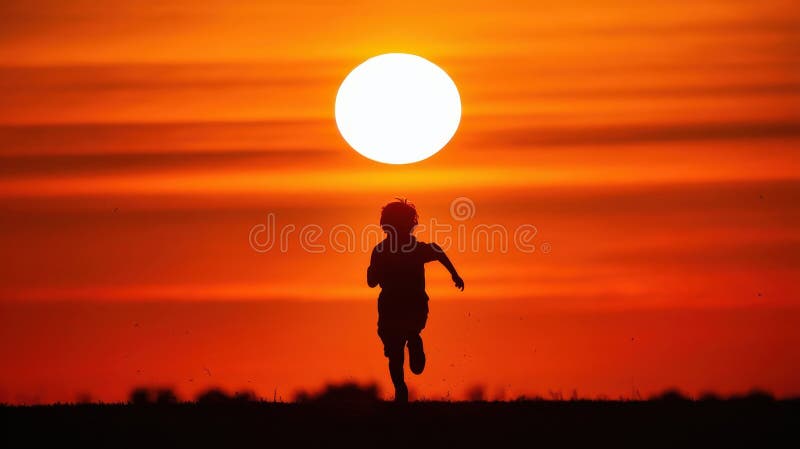 Silhouette of Person Running Towards Setting Sun at Dusk Stock ...