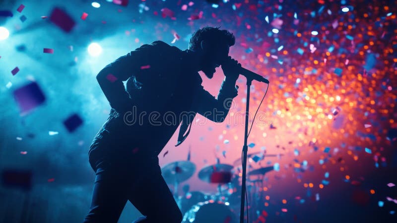 The Silhouette of a Solo Singer Singing into a Microphone, Surrounded ...