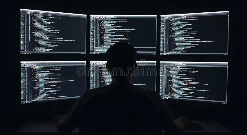 Developer Working with Multiple Monitors Stock Photo - Image of digital ...