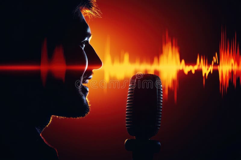 Silhouette of Person Speaking into Microphone, Soundwave Echoing ...