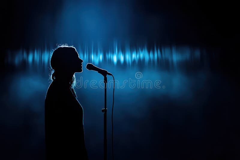 Silhouette of Person Speaking into Microphone, Soundwaves Echoing in ...
