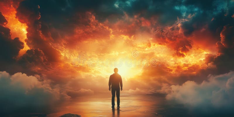 Silhouette of a Person Standing Against a Dramatic Sunset with Fiery ...