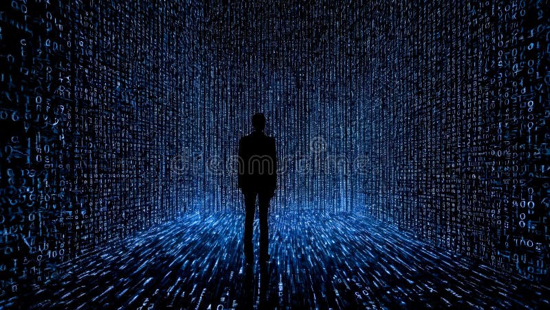 Silhouette of Person Standing Amidst Glowing Blue Digital Data Streams ...
