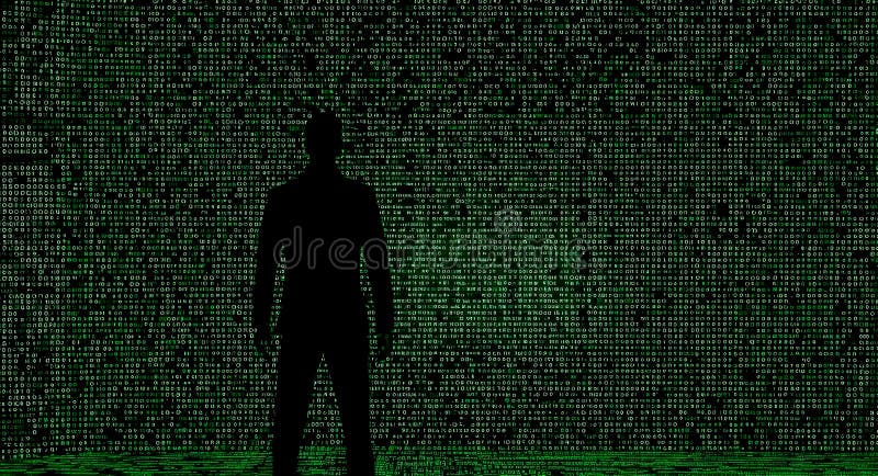 Silhouette of Person Standing Amidst Glowing Green Digital Data Streams ...
