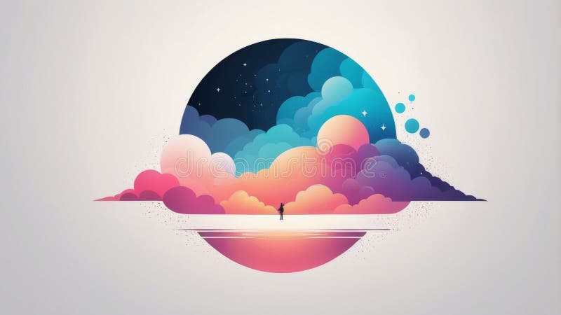 Silhouette of a Person Standing on a Colorful Round Cloud Stock ...
