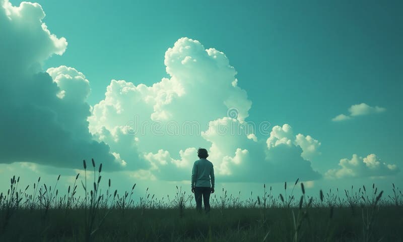 Silhouette of Person Standing in Field Dramatic Cloudy Stock ...