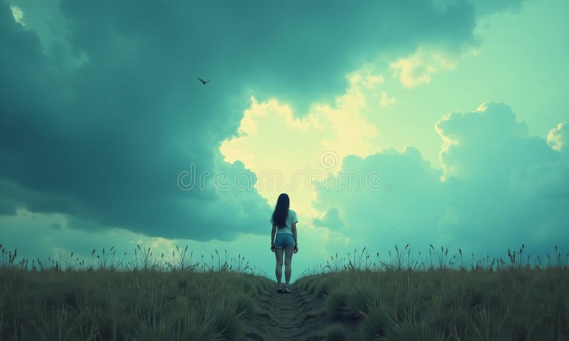 Silhouette of Person Standing in Field Dramatic Cloudy Stock ...