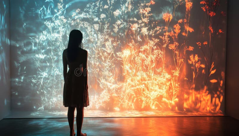 A Silhouette of a Person Standing in Front of a Colorful Light Display ...