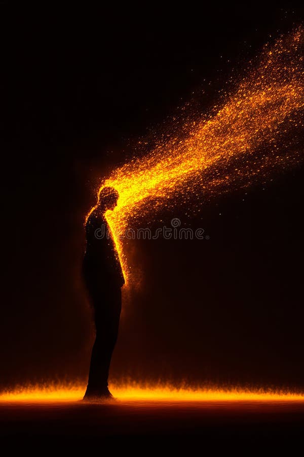 A Silhouette of a Person Standing in Front of a Fire Stock Photo ...