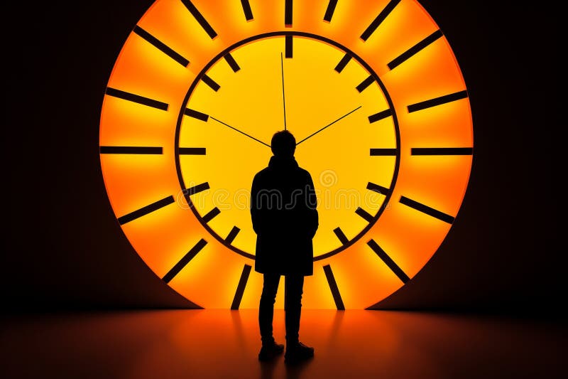 A Silhouette of a Person Standing in Front of a Large Clock Stock ...
