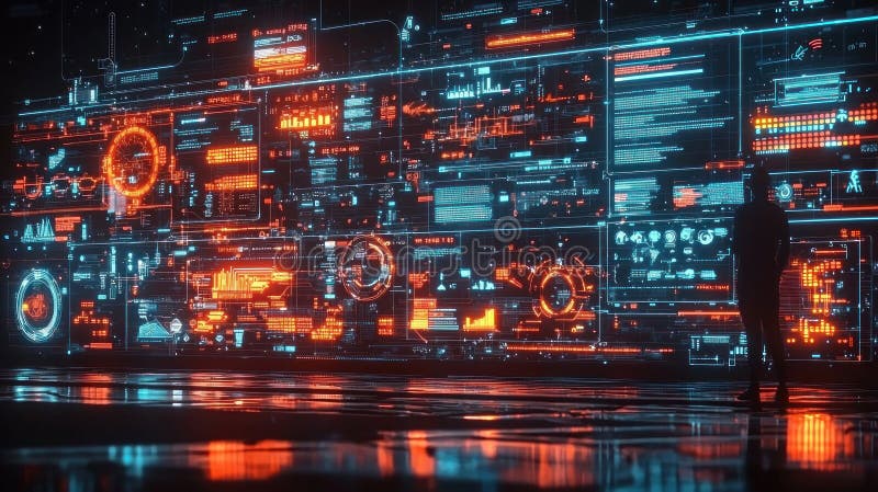 Silhouette of a Person Standing in Front of a Large Futuristic Digital ...