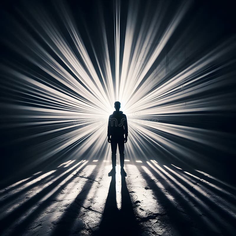 A Silhouette of a Person Standing in Front of a Light Source with Beams ...