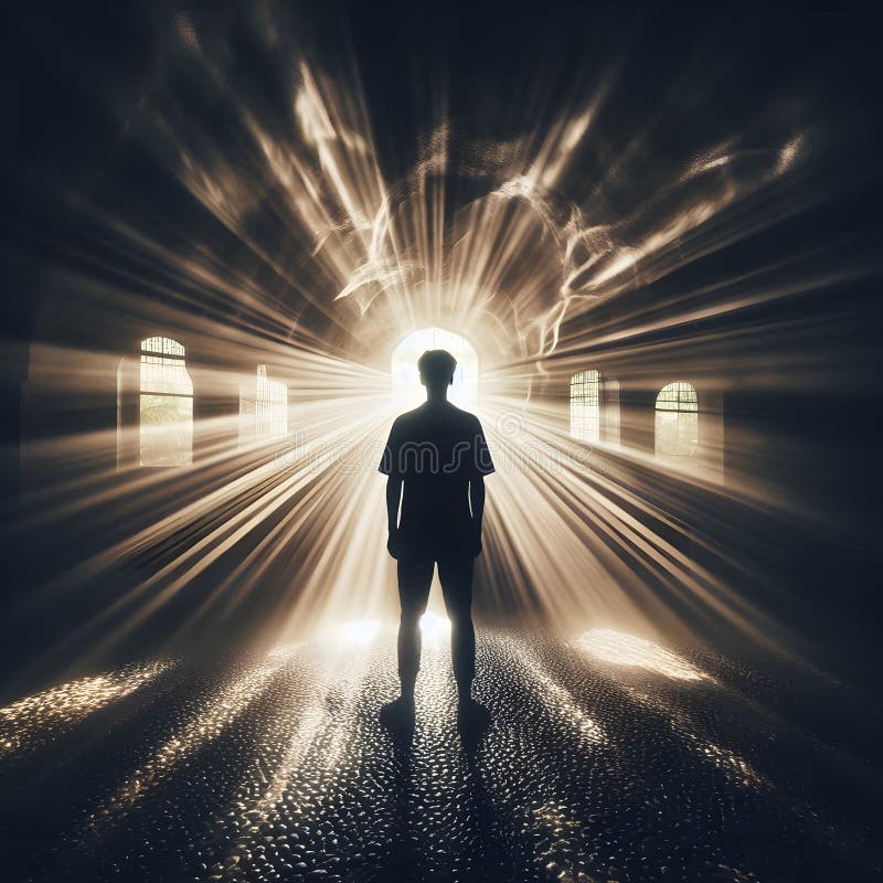 A Silhouette of a Person Standing in Front of a Light Source with Beams ...