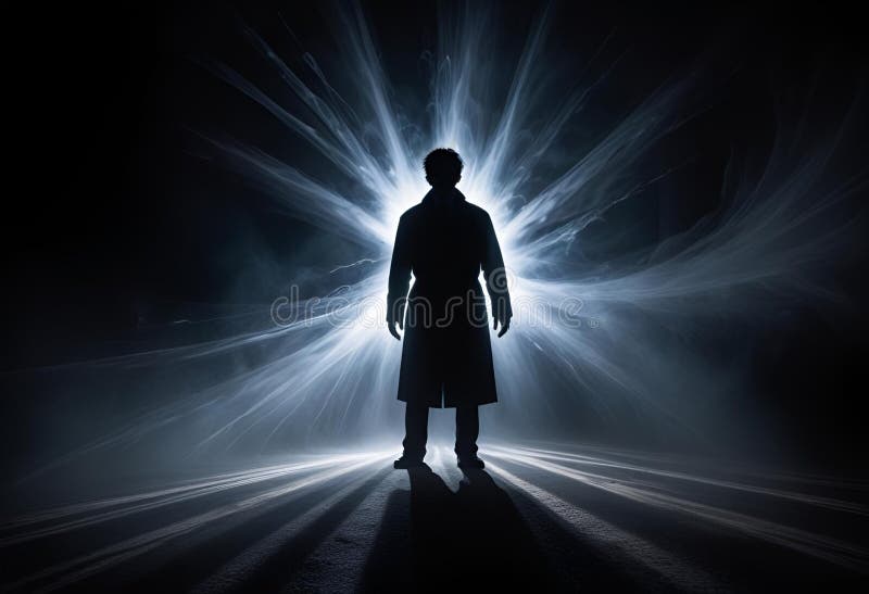 Silhouette of Person Standing in Front of a Spotlight of Light Stock ...