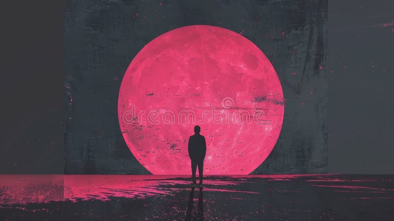 Silhouette of a Person Standing before a Large Pink Moon Stock Image ...