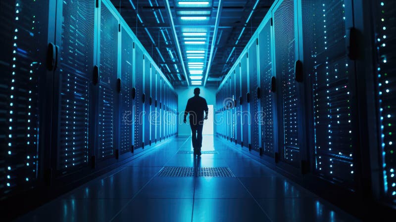 Silhouette of a Person Standing in the Middle of a Data Center Aisle ...