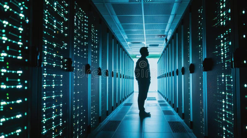 Silhouette of a Person Standing in the Middle of a Data Center Aisle ...