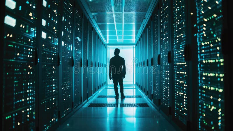 Silhouette of a Person Standing in the Middle of a Data Center Aisle ...