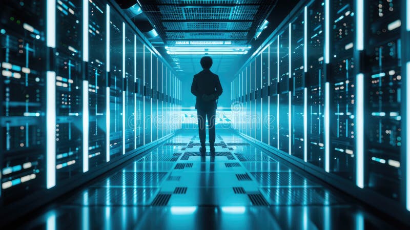 Silhouette of a Person Standing in the Middle of a Data Center Aisle ...