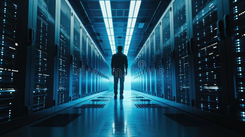 Silhouette of a Person Standing in the Middle of a Data Center Aisle ...