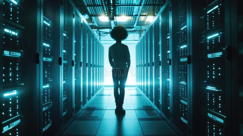 Silhouette of a Person Standing in the Middle of a Data Center Aisle ...