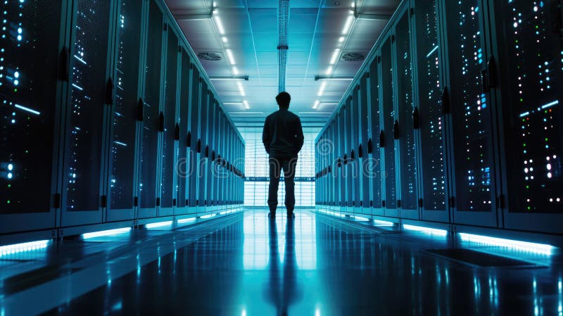 Silhouette of a Person Standing in the Middle of a Data Center Aisle ...