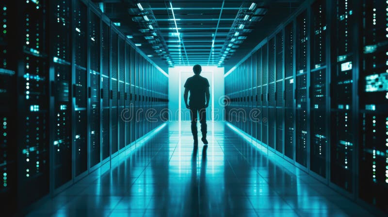 Silhouette of a Person Standing in the Middle of a Data Center Aisle ...
