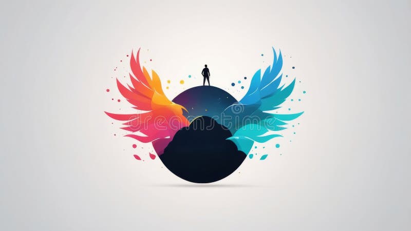 Silhouette of a Person Standing on a Sphere with Colorful Wings Stock ...