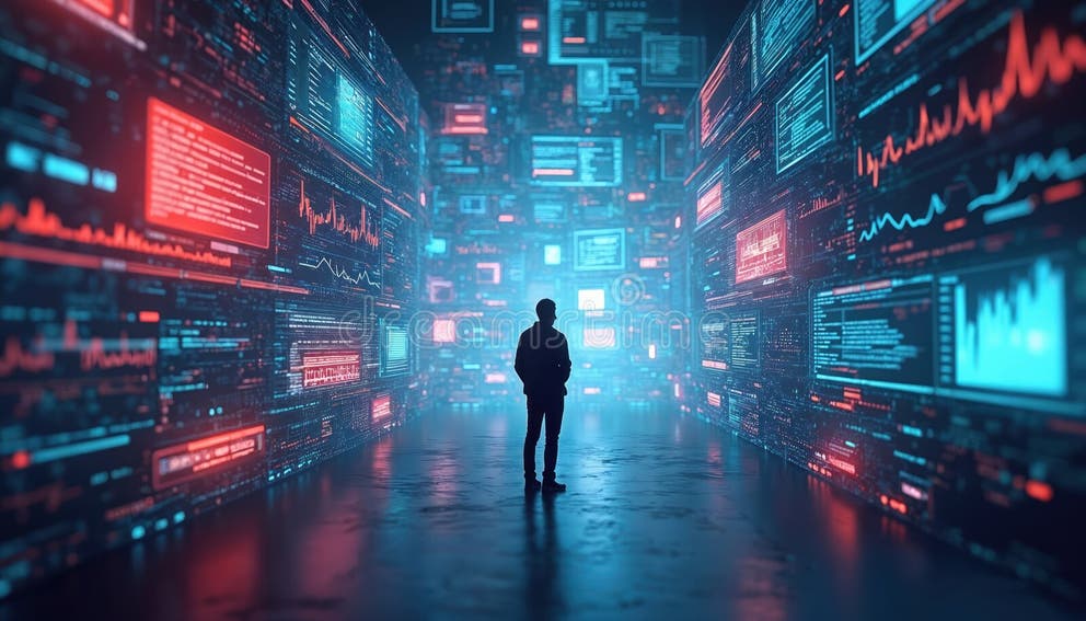 Silhouette of Person Standing in a Tech Data Tunnel. Data Streams ...