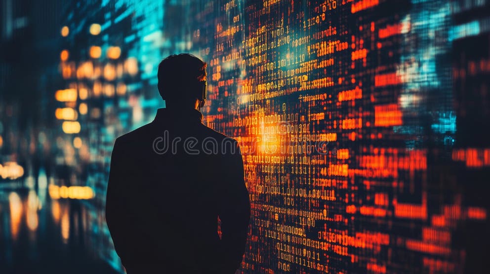 Silhouette of a Person Standing before a Wall of Glowing Digital Code ...
