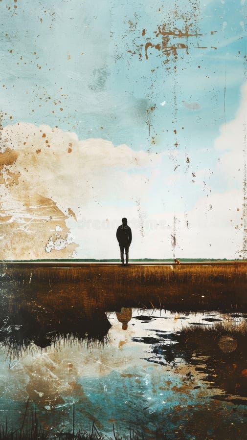 Silhouette of a Person Standing by Water with Artistic Texture Stock ...