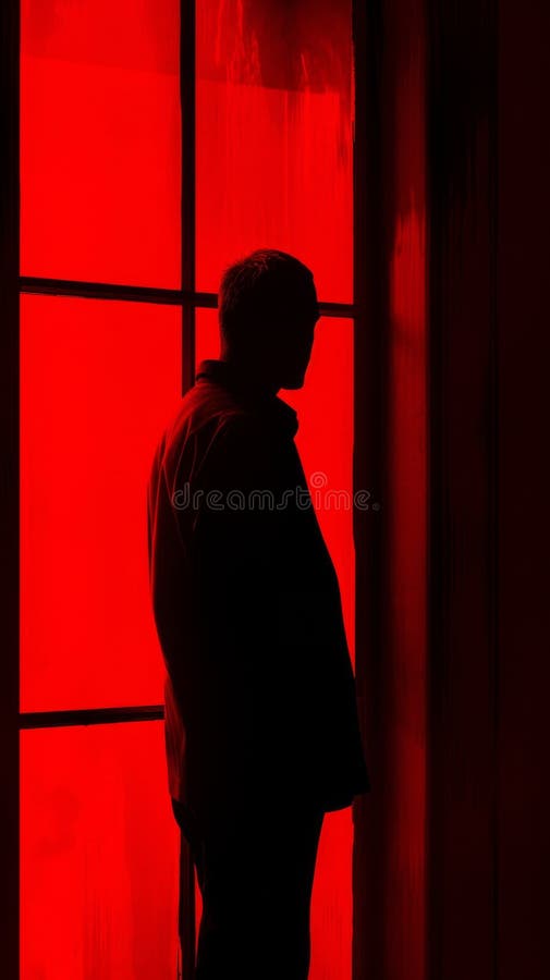 Silhouette of a Person Standing by a Window with Red Light Stock ...