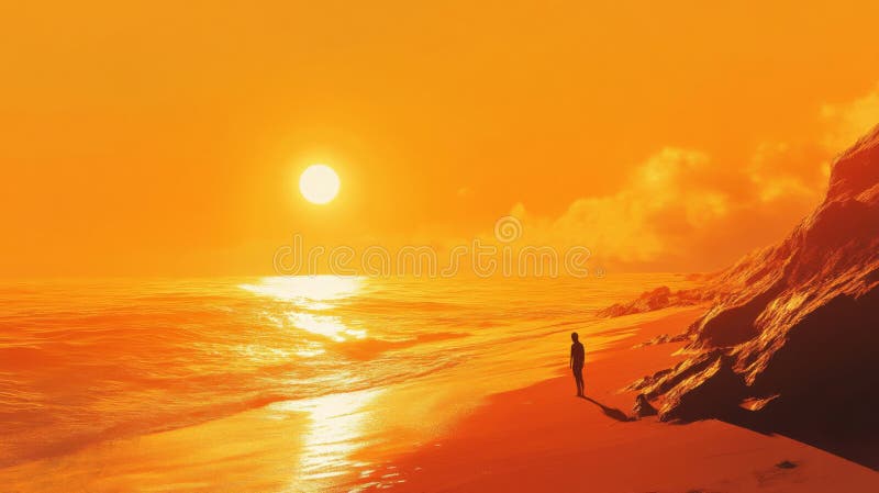 Silhouette of Person at Sunset on Orange Beach Stock Illustration ...