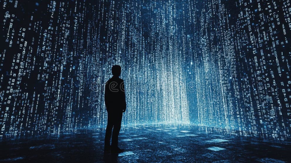 Silhouette of a Person Surrounded by Glowing Digital Code Rain Stock ...