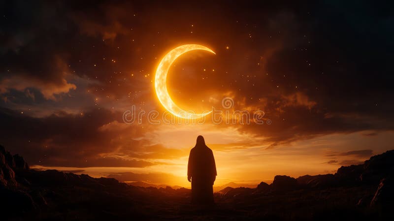 Silhouette of a Person Under a Crescent Moon at Sunset, Dramatic ...