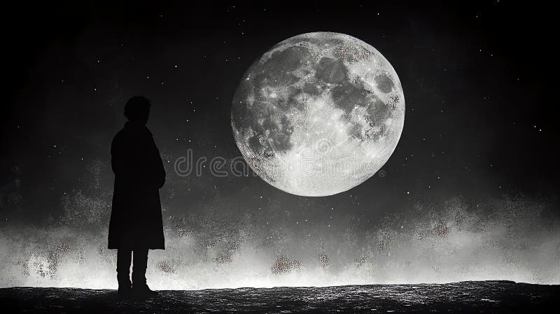 Silhouette of Person Under Full Moon with Starry Sky Stock Illustration ...